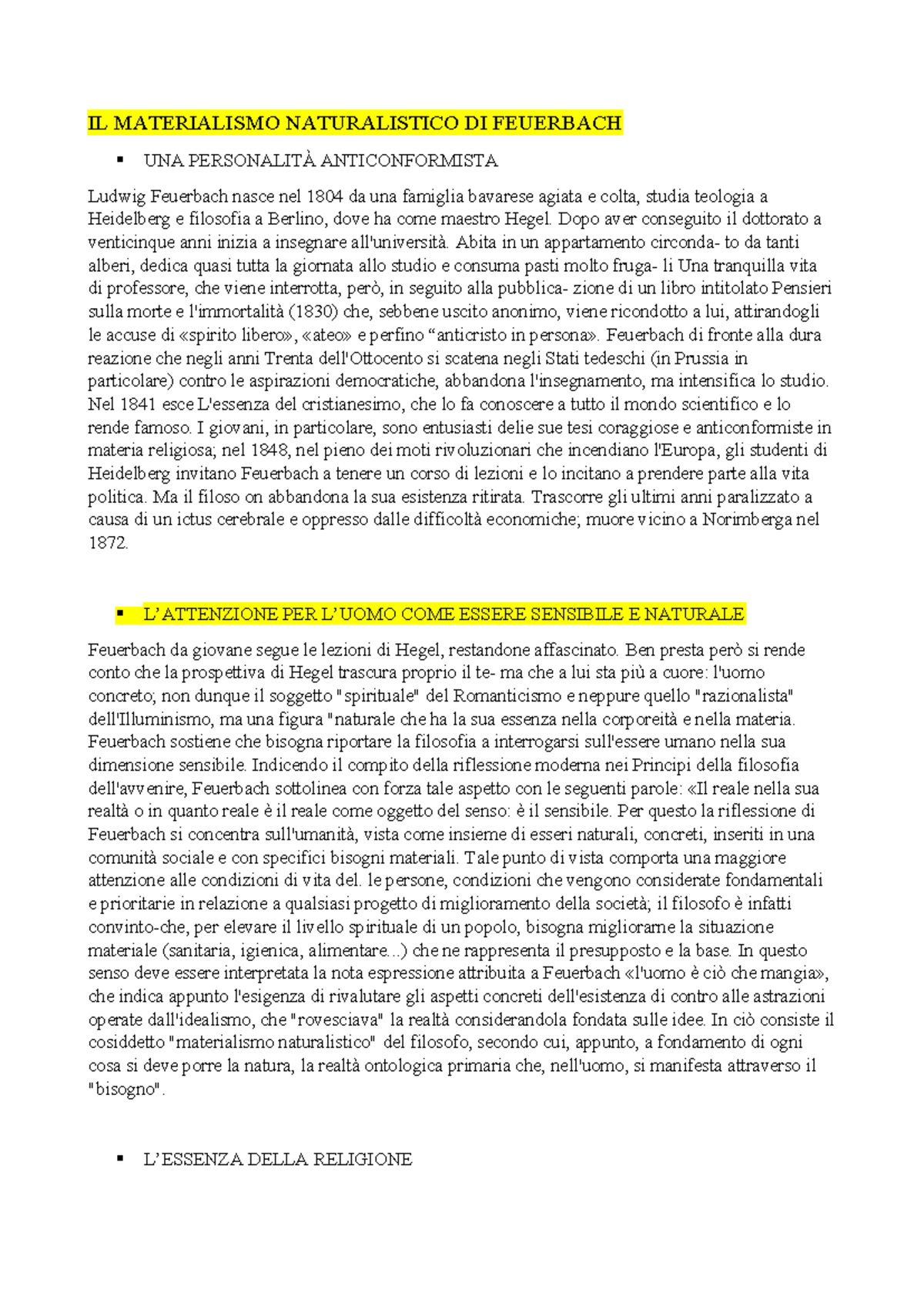 Feuerbach E MARX - appunti - IL MATERIALISMO NATURALISTICO DI FEUERBACH ...