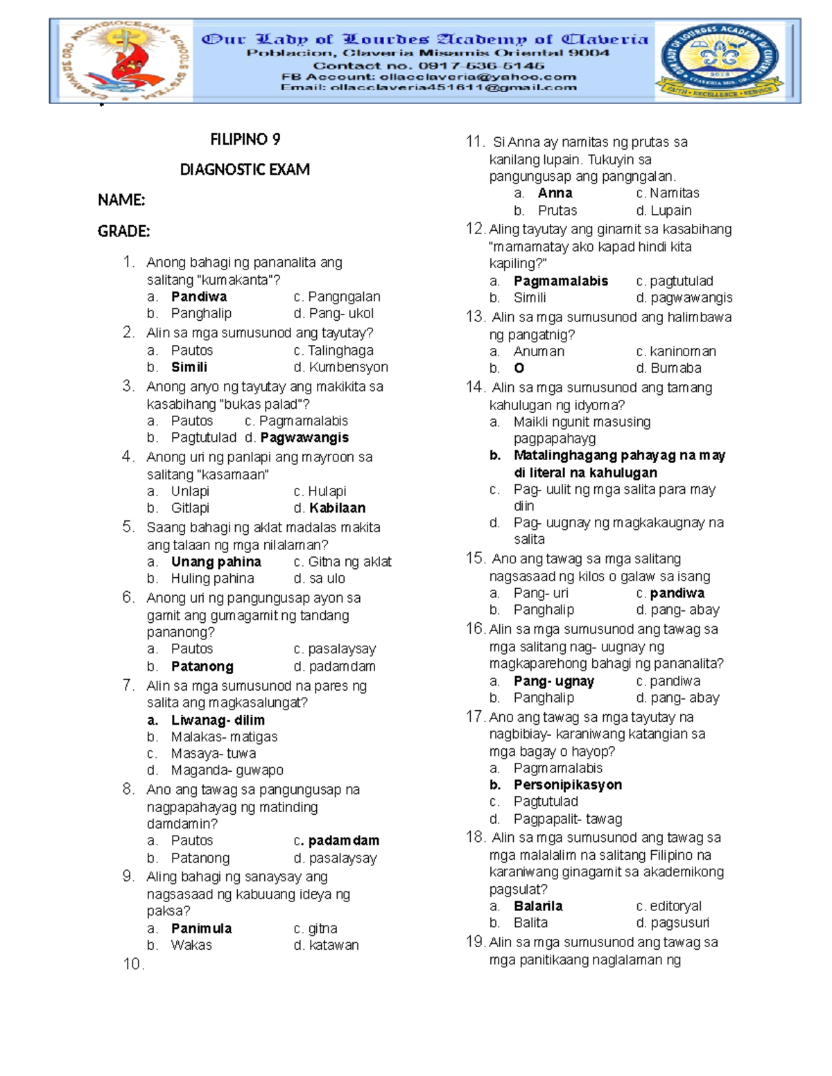 Diagnostic EXAM Grade 9 - * FILIPINO 9 DIAGNOSTIC EXAM NAME: GRADE: 1 ...