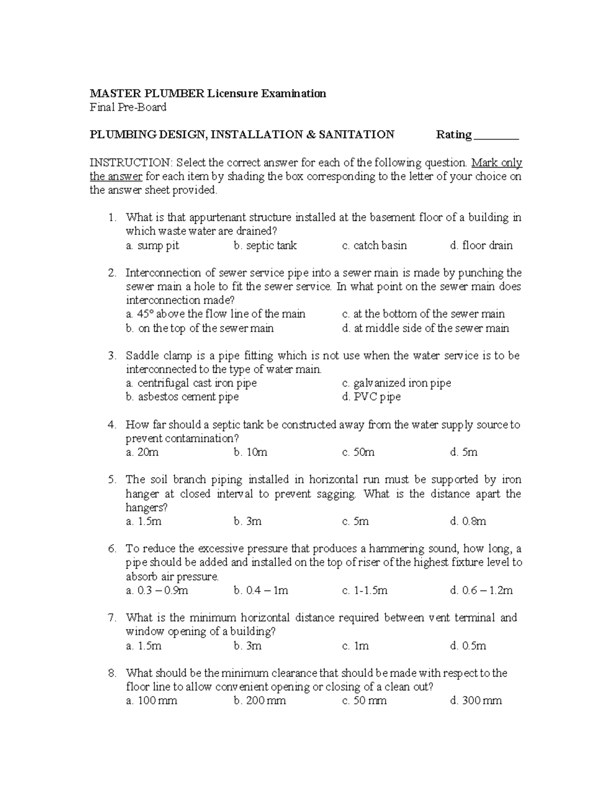 Final pre board plumbing design installation sanitation - MASTER PLUMBER Licensure Examination ...