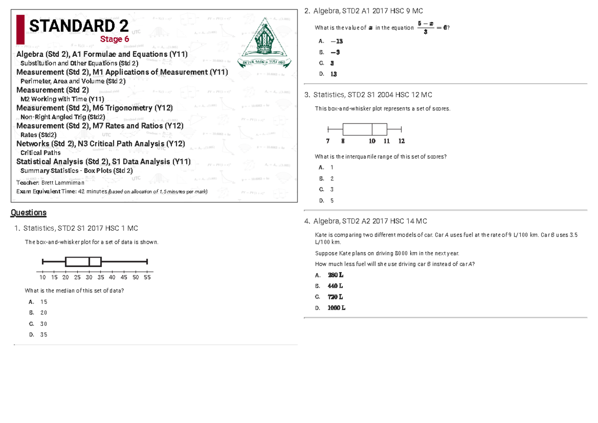 12MAS Revision Worksheet 2 - 1. Statistics, STD2 S1 2017 HSC 1 MC ...