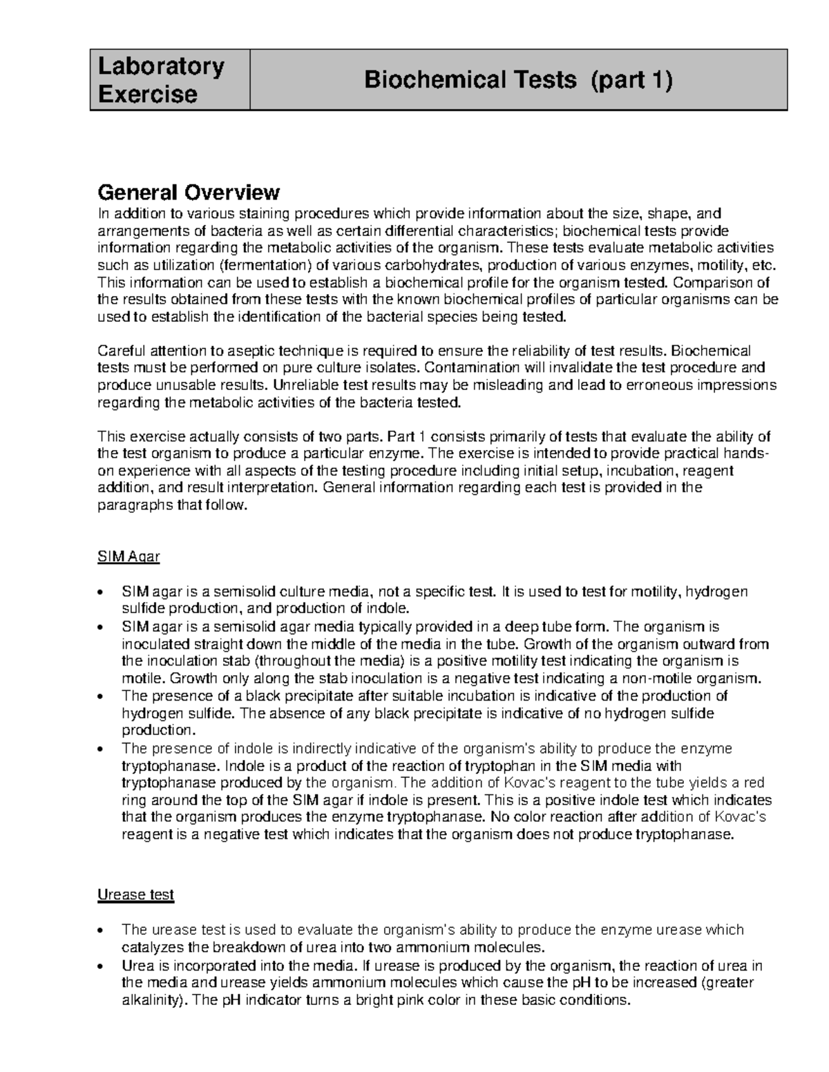 Lab Exercise - Biochemical Tests (part 1) - Exercise Biochemical Tests ...