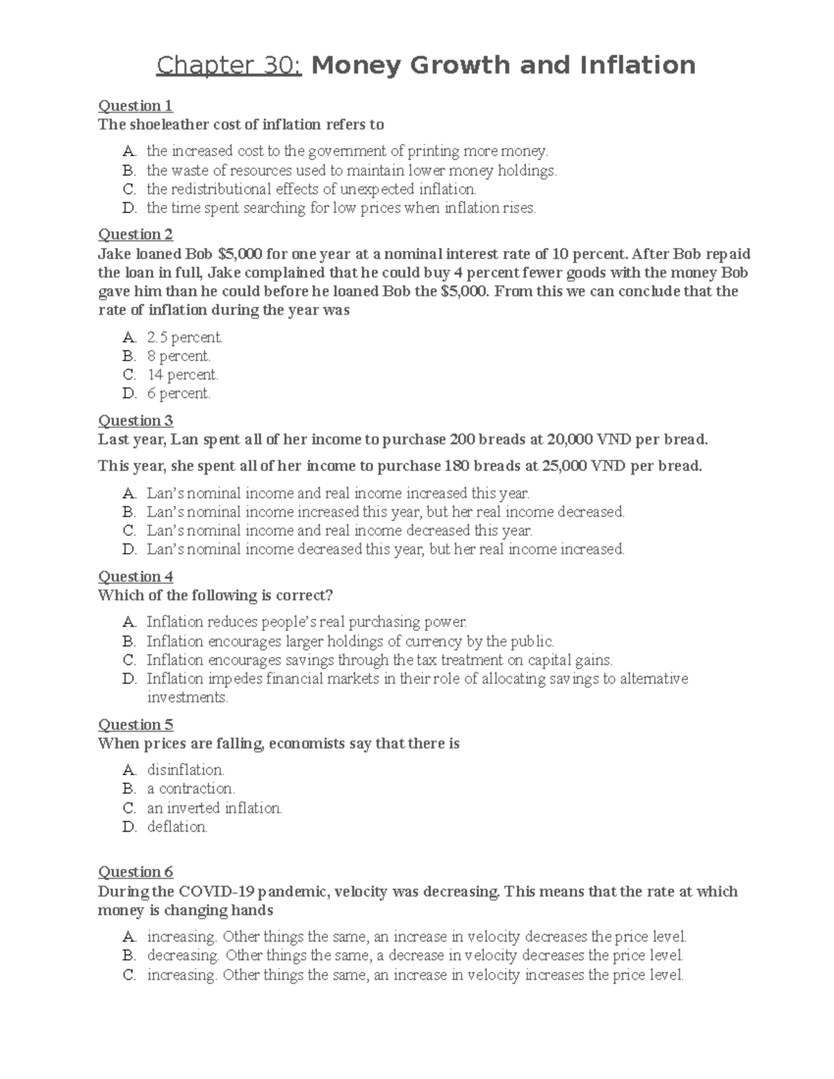 Quiz #8 Chapter 30. Money Growth and Inflation - Chapter 30 : Money ...