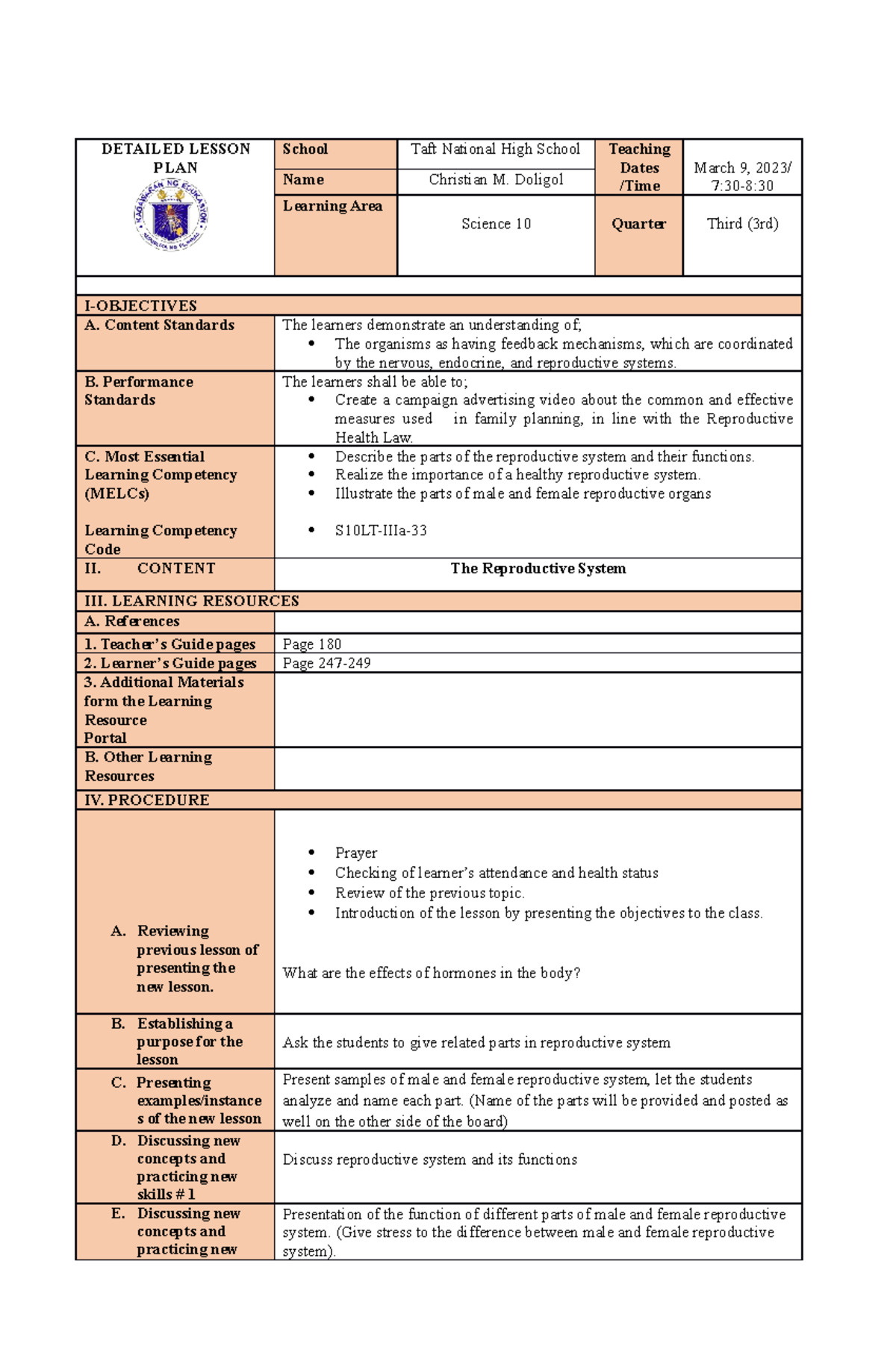 S10LT-IIIa-33 (Thu) - Daily Lesson Plan (Grade 10 3rd Quarter) - DETAILED LESSON PLAN School ...