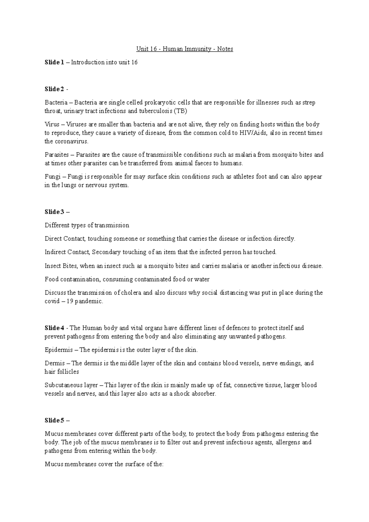 Unit 16 - Human Immunity - Notes - PA13MR099U - Studocu