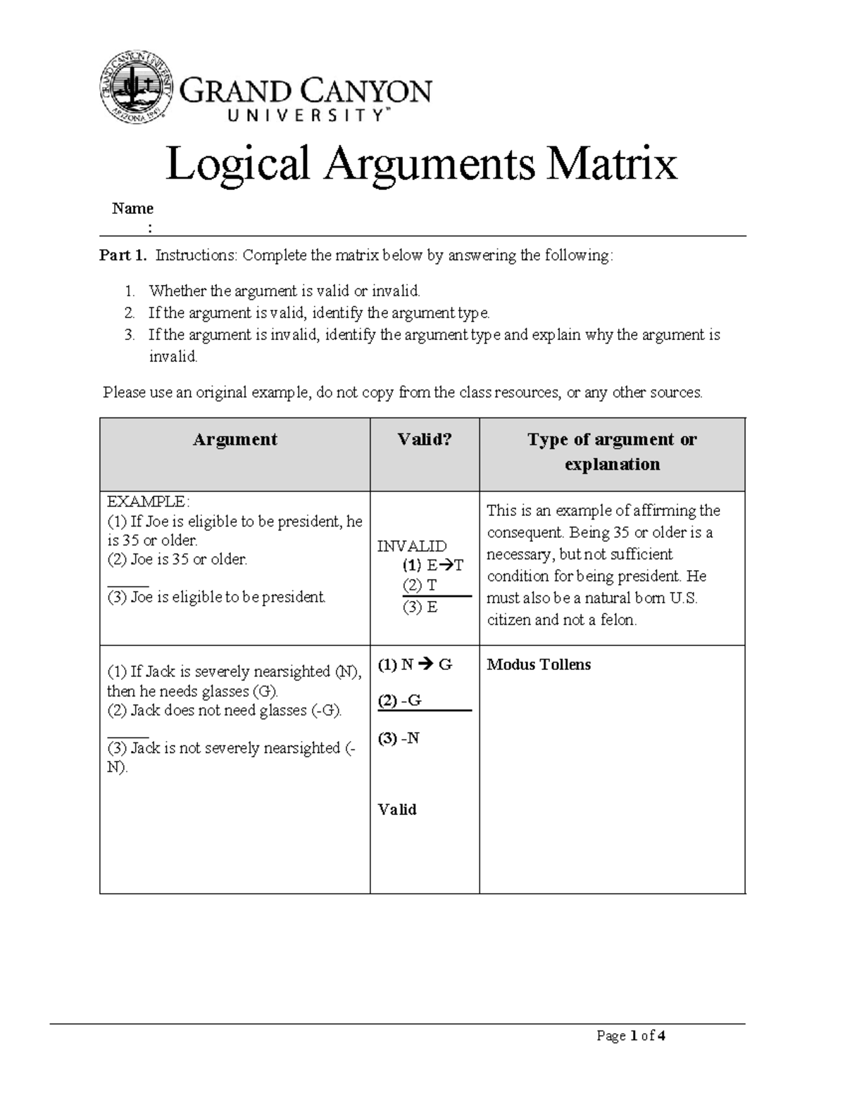 Logical Arguments Worksheet Example - Logical Arguments Matrix Name : Part 1. Instructions ...