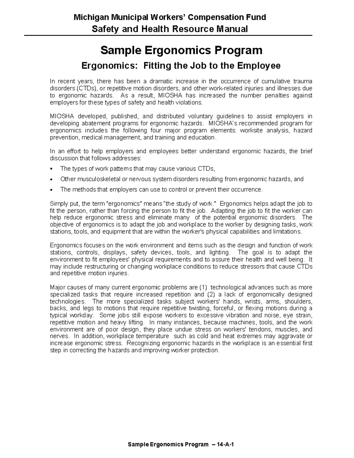 Risk Factor and Checklist - Safety and Health Resource Manual Sample Ergonomics Program ...
