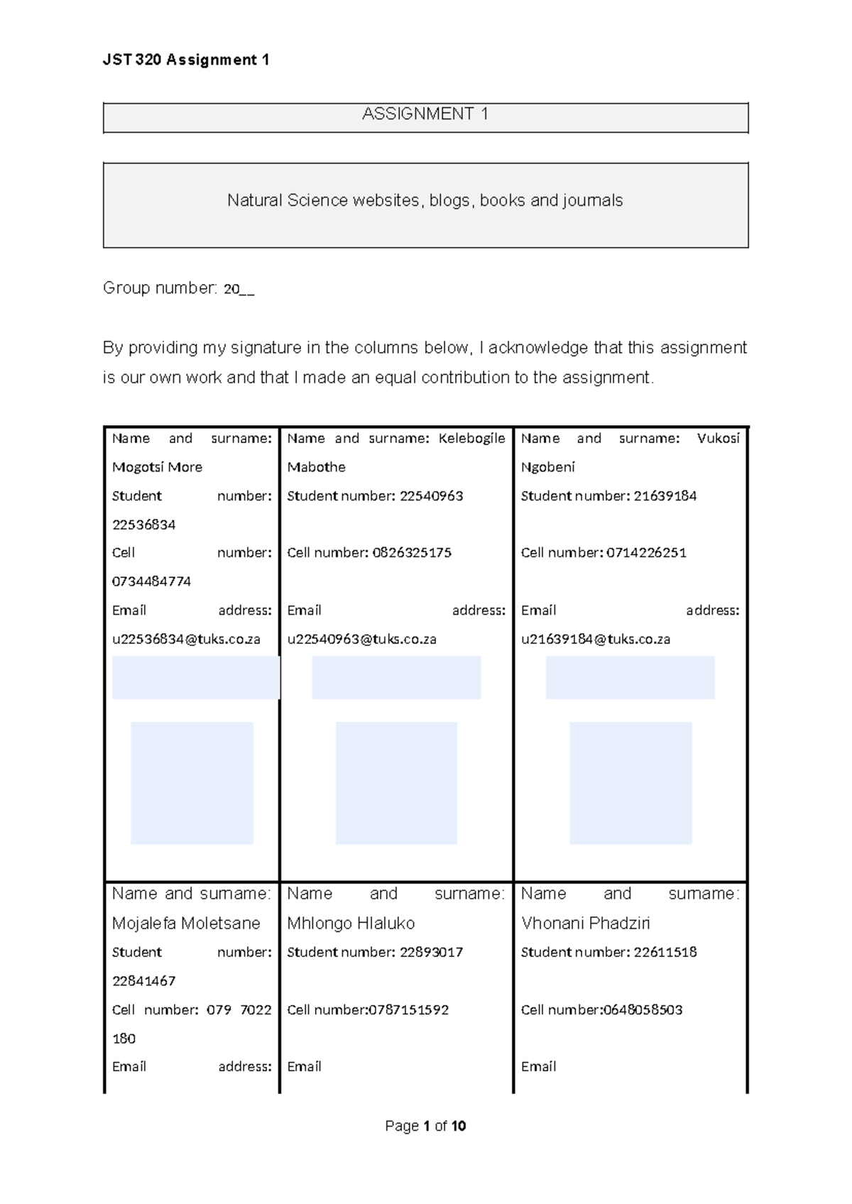 MM JST 320 Assignment 1 Group 20 - ASSIGNMENT 1 Natural Science ...