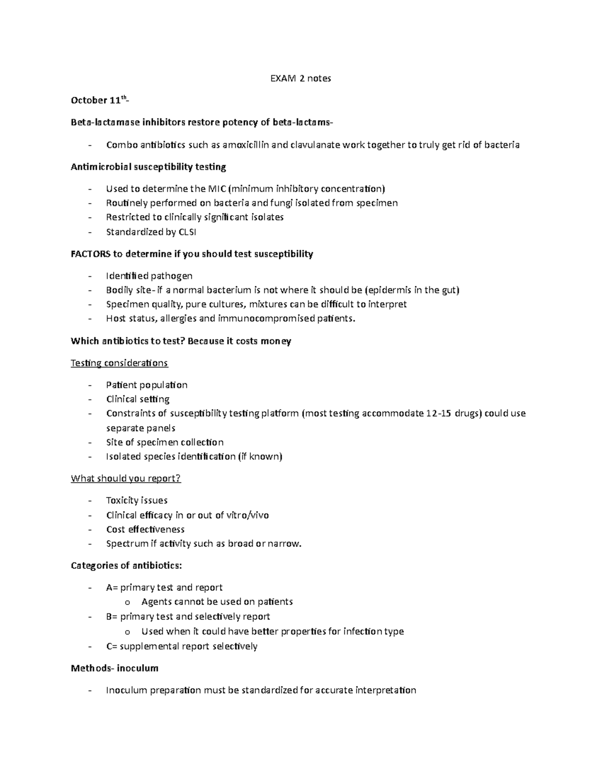 EXAM 2 notes diagnostic - EXAM 2 notes October 11th- Beta-lactamase ...