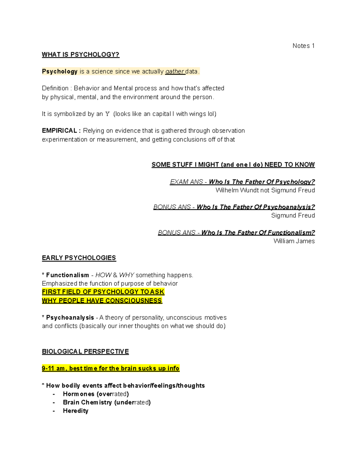 Psychology Notes - Notes 1 WHAT IS PSYCHOLOGY? Psychology is a science ...