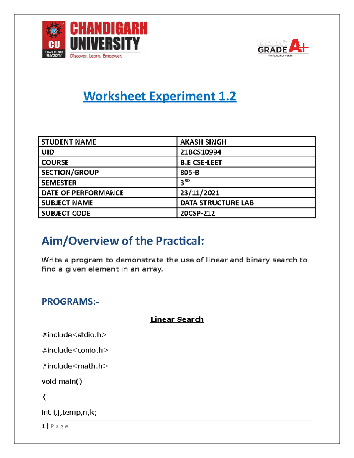 Worksheet Experiment 1.2 DS - Computer science engneering - Studocu