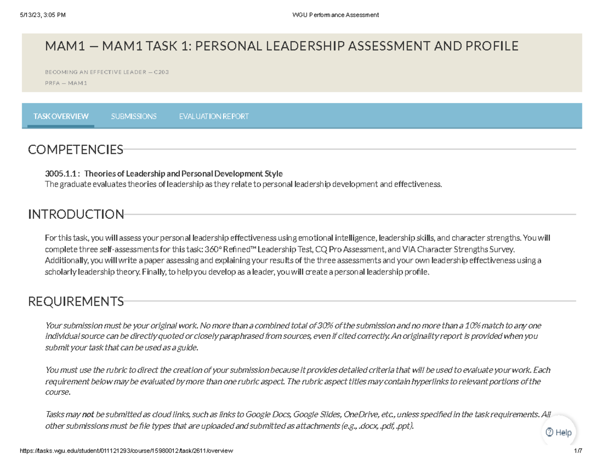 MAM1 Task 1 - MAM1 TASK 1: PERSONAL LEADERSHIP ASSESSMENT AND PROFILE - MAM1 — MAM1 TASK 1 ...