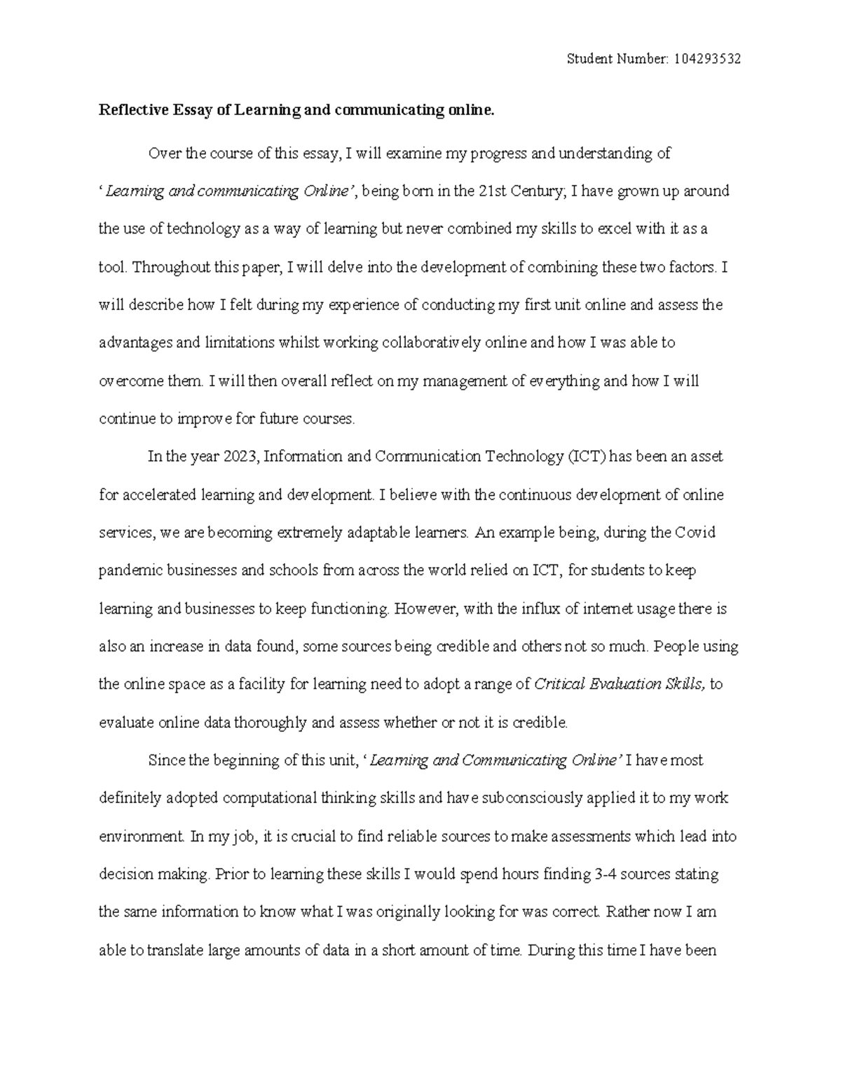 Reflective essay - assignment - Reflective Essay of Learning and ...