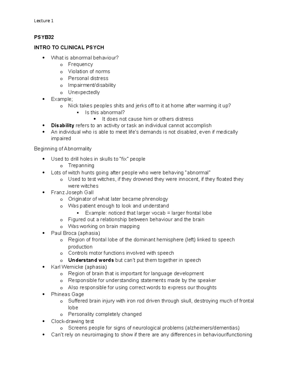 PSYB32 Abnormal Psych - Lecture 1 PSYB INTRO TO CLINICAL PSYCH What is ...
