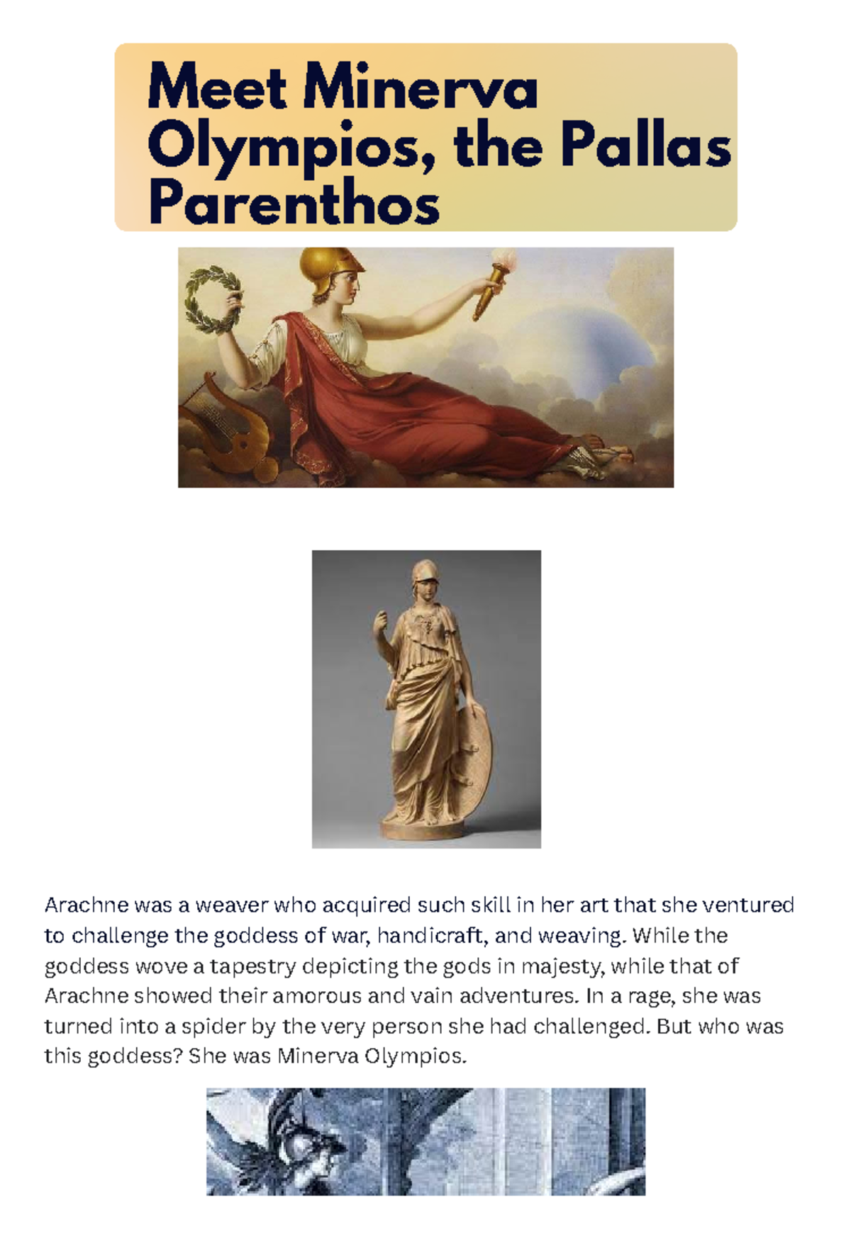 Minerva, Athena Parthenos - Arachne was a weaver who acquired such ...