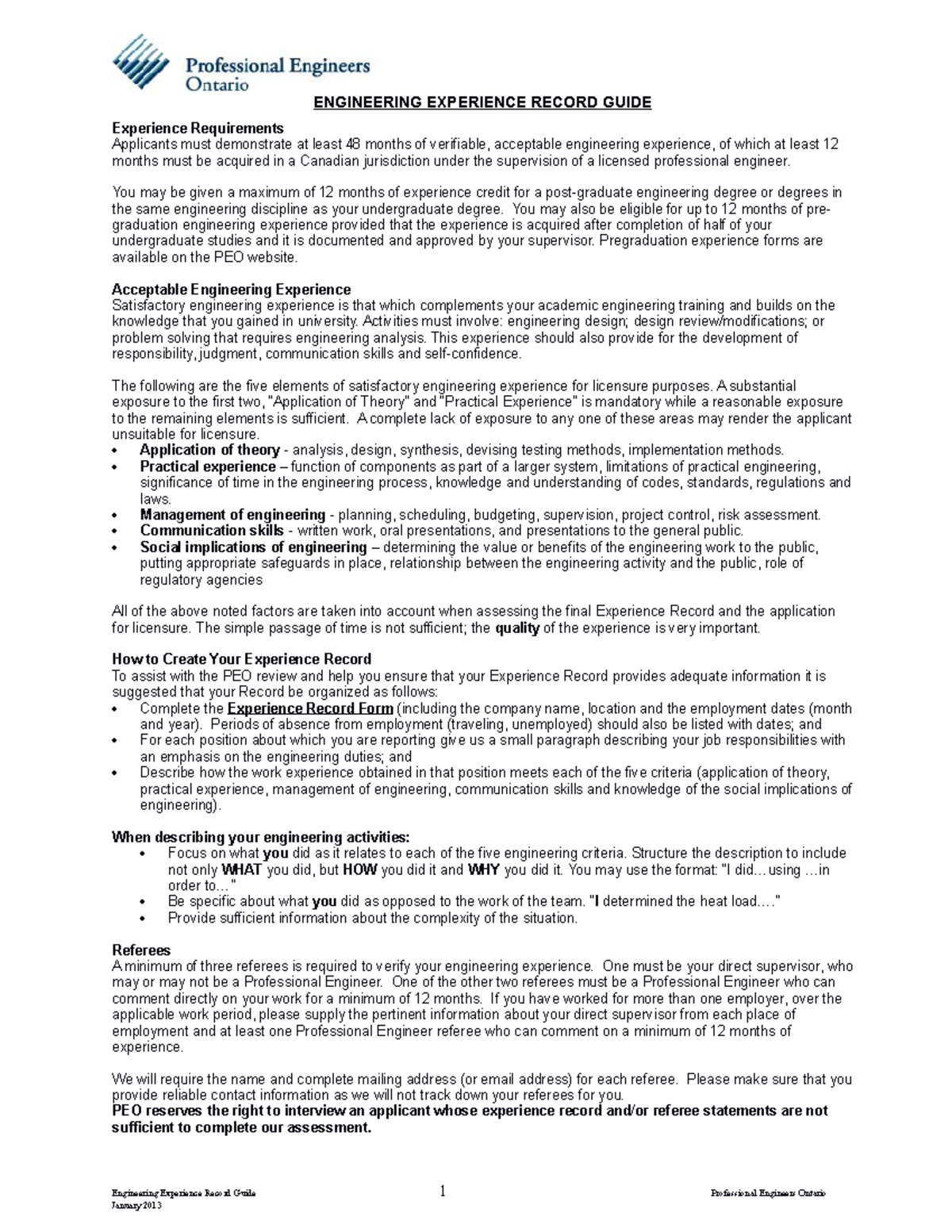 Experience Record Form - ENGINEERING EXPERIENCE RECORD GUIDE Experience ...