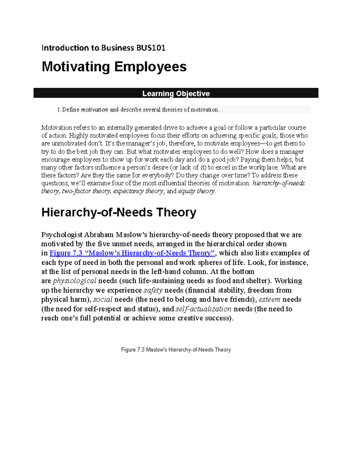 Introduction to Business BUS101 Motivating Employees - Introduction to ...