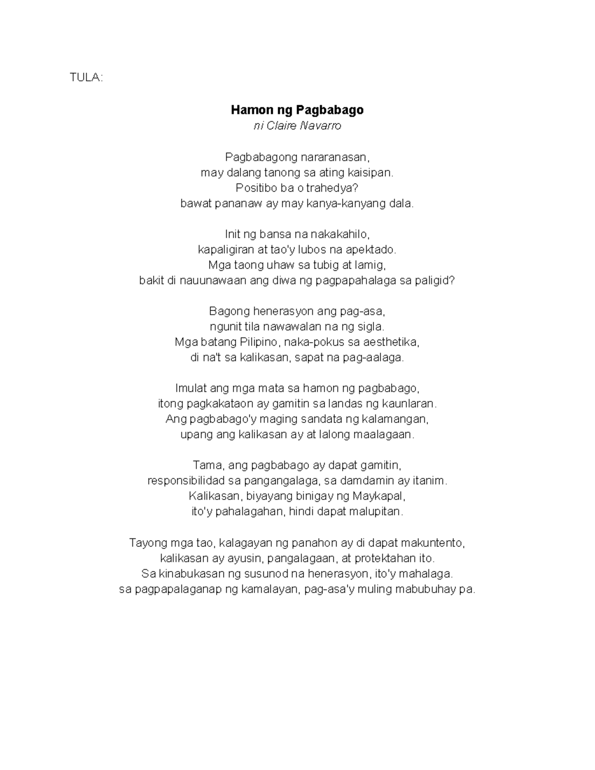 sariling, sanaysay, tula, at maikling kwento - TULA: Hamon ng Pagbabago ...