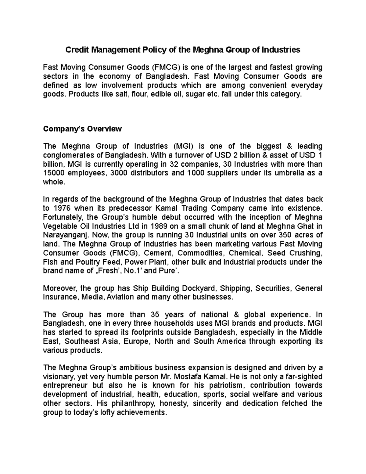 MGI - Internship project - Credit Management Policy of the Meghna Group ...