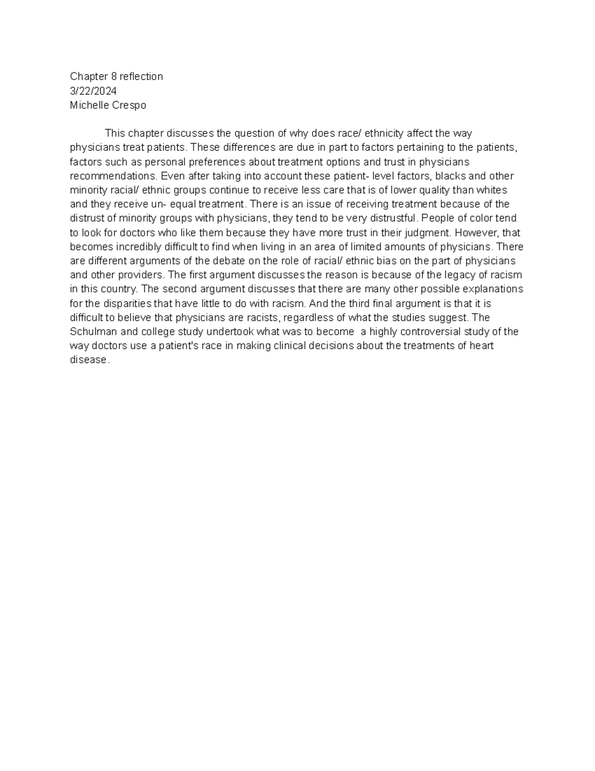 Chater 9 reflection - Work - Chapter 8 reflection 3/22/ Michelle Crespo ...