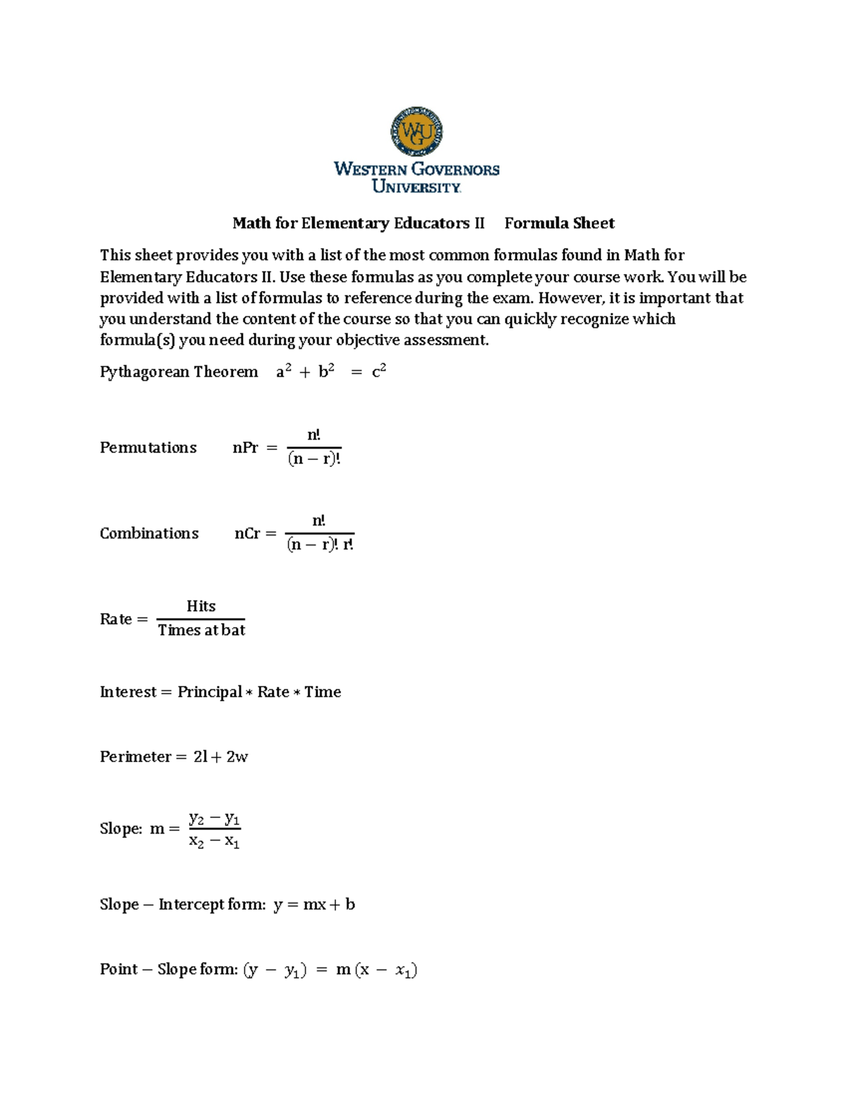 Mee2 formula sheet - Lecture notes Whole Term - Math for Elementary ...