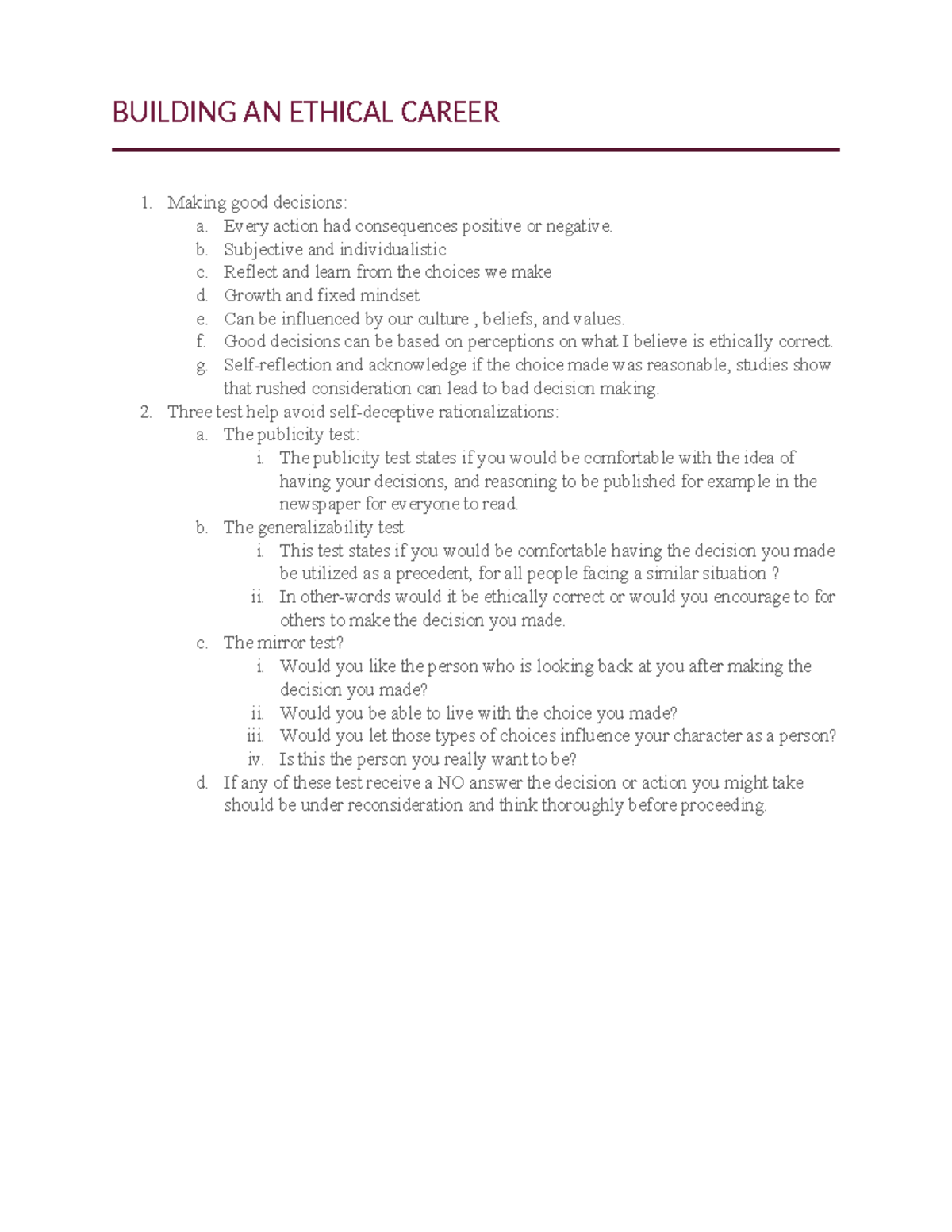 Building AN Ethical Career - BUILDING AN ETHICAL CAREER 1. Making good ...