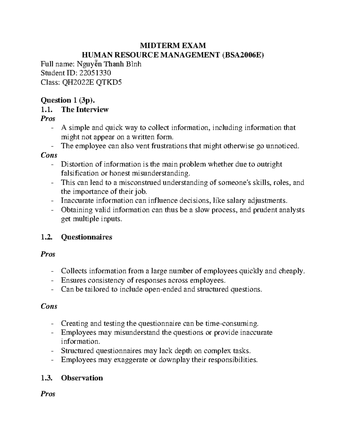 Midterm EXAM - NƯAKCNKWCNK - MIDTERM EXAM HUMAN RESOURCE MANAGEMENT (BSA2006E) Full name: Nguyễn ...