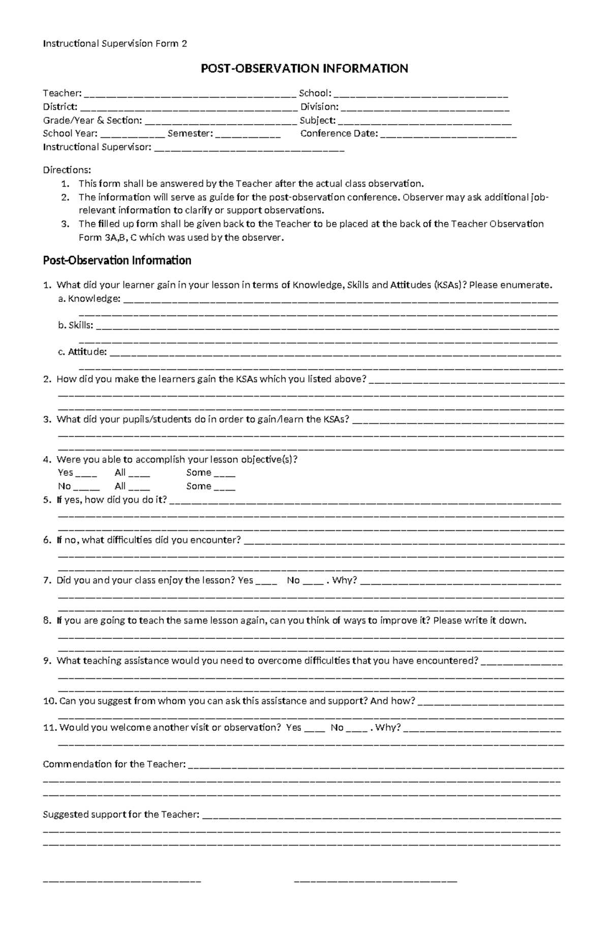 Post con form 1 - Instructional Supervision Form 2 POST-OBSERVATION ...