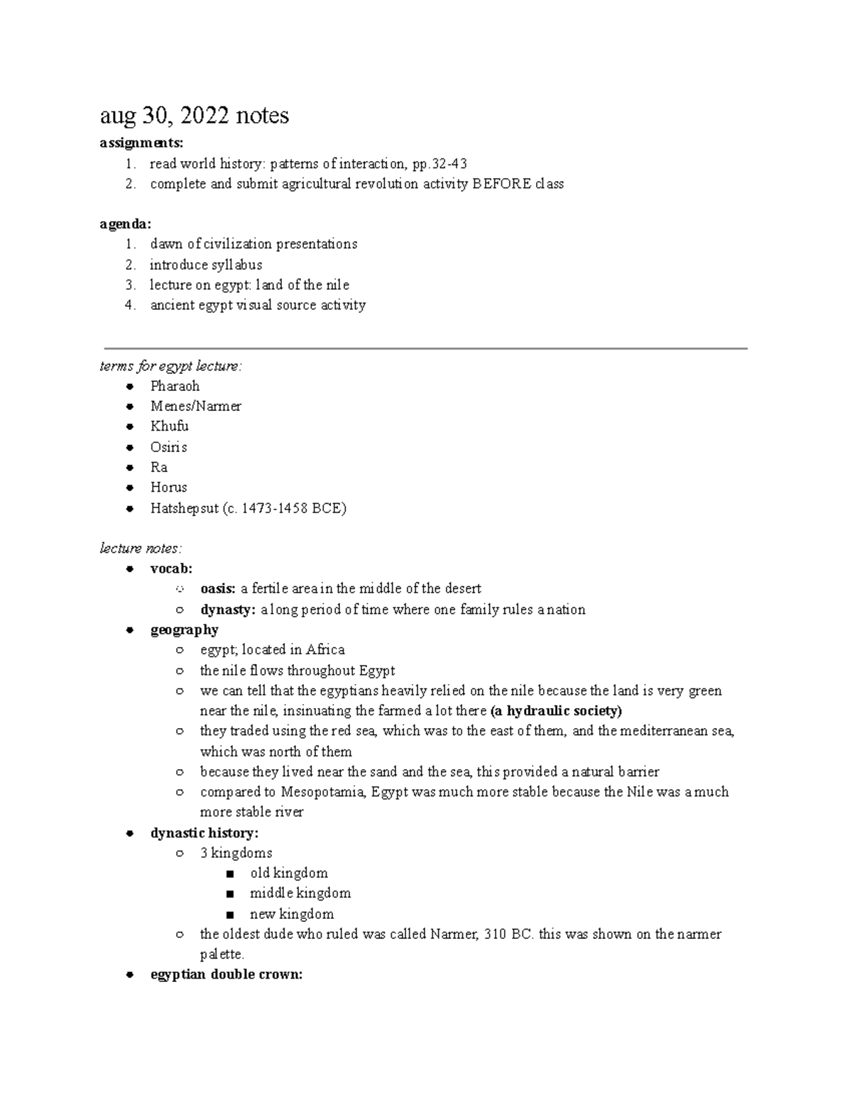Ancient egypt lecture aug 30, 2022 notes - aug 30, 2022 notes ...