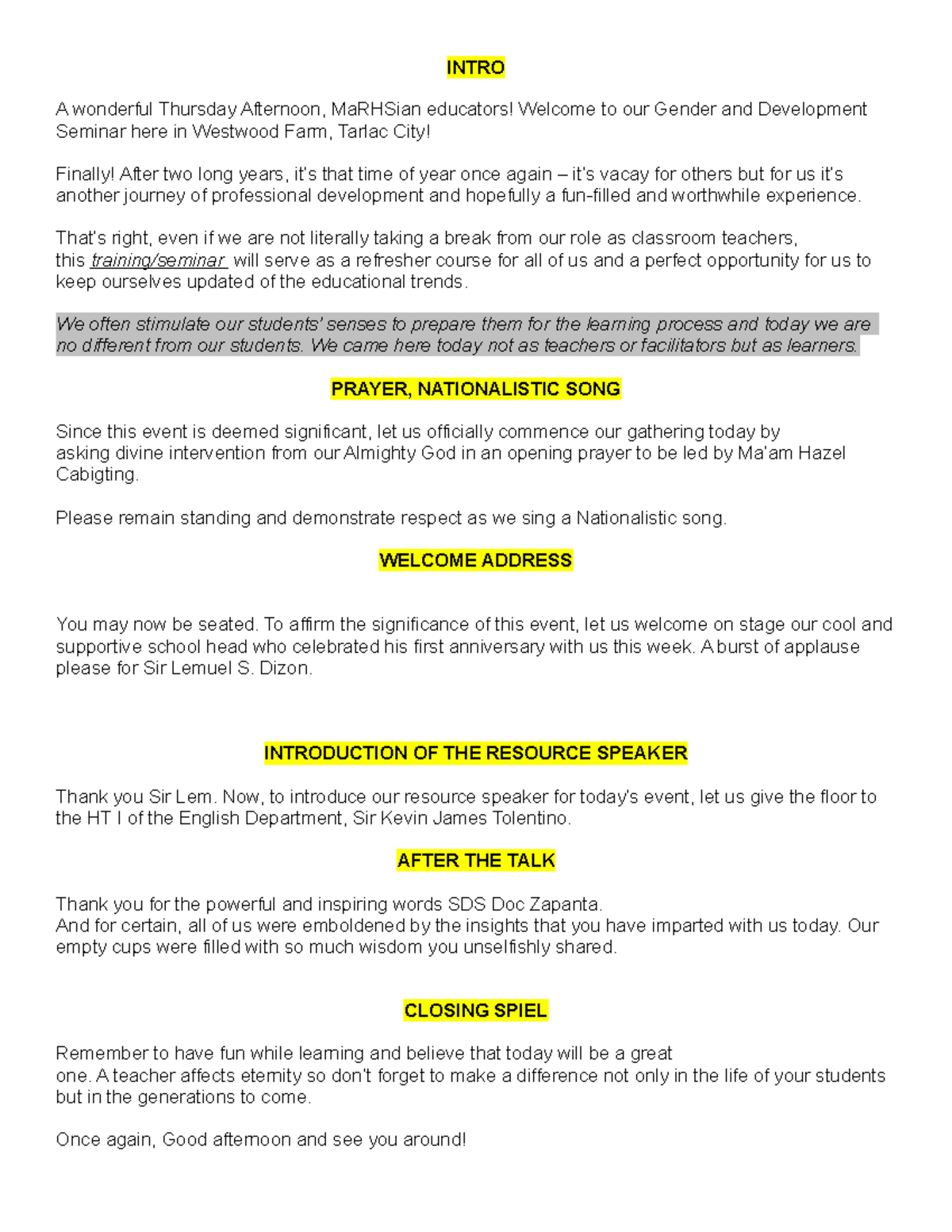 GAD-emcee-script - This is used for emceeing. - INTRO A wonderful ...