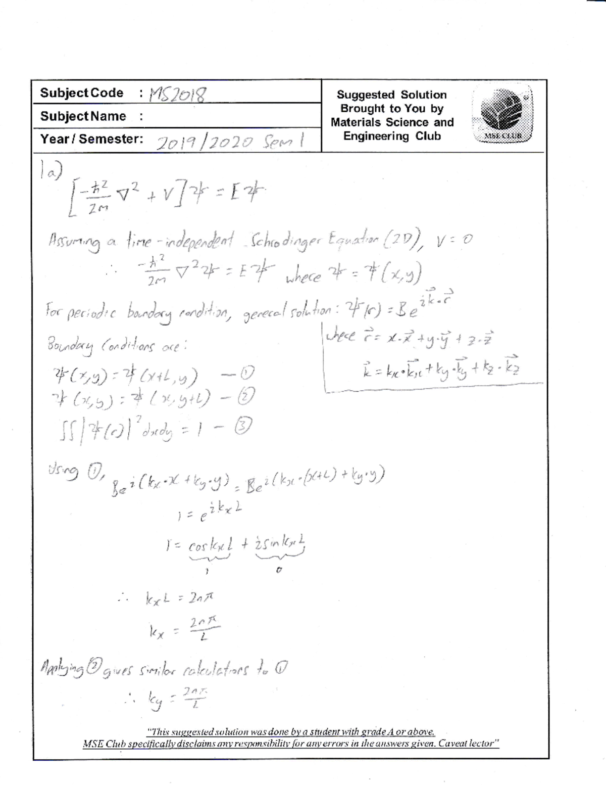 MS2018 2019-2020 Semester 1 - Subject Code : Suggested Solution Brought ...