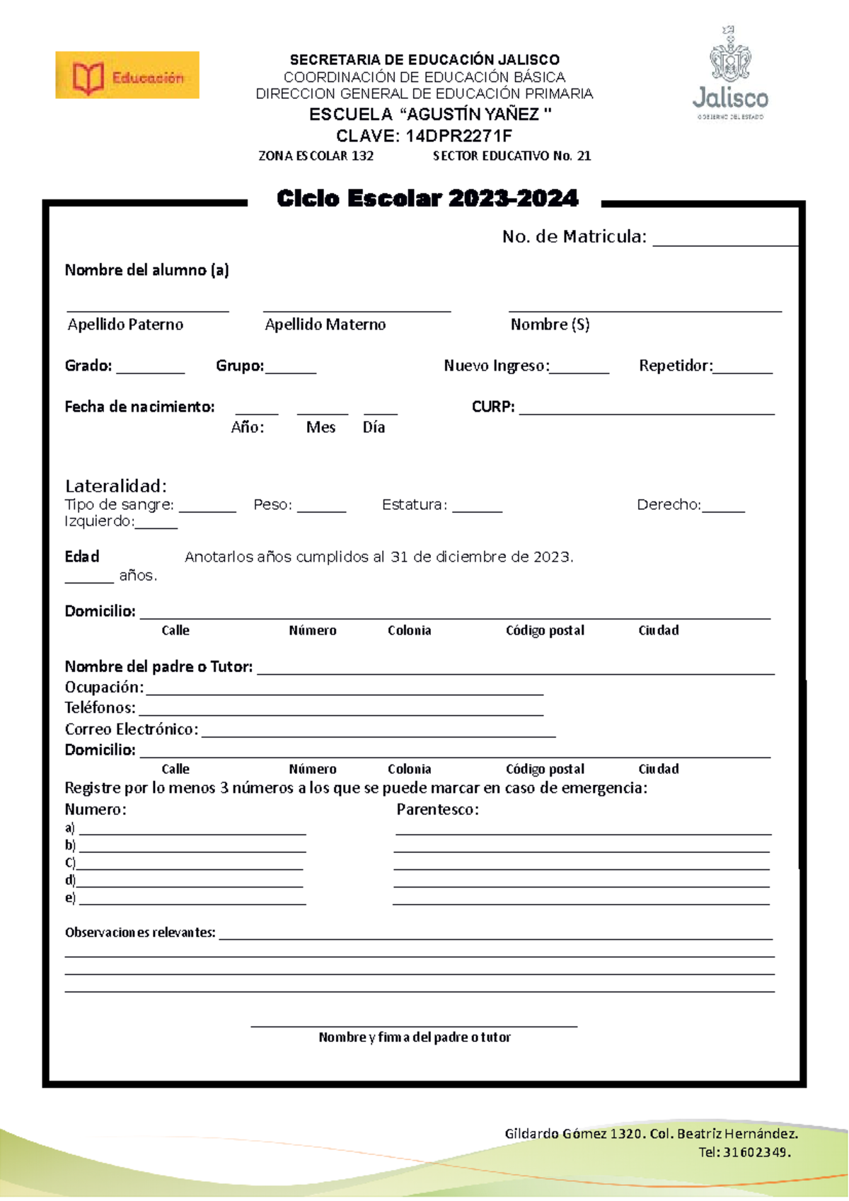 Hoja de datos del alumno Agustin Yañez - SECRETARIA DE EDUCACIÓN ...