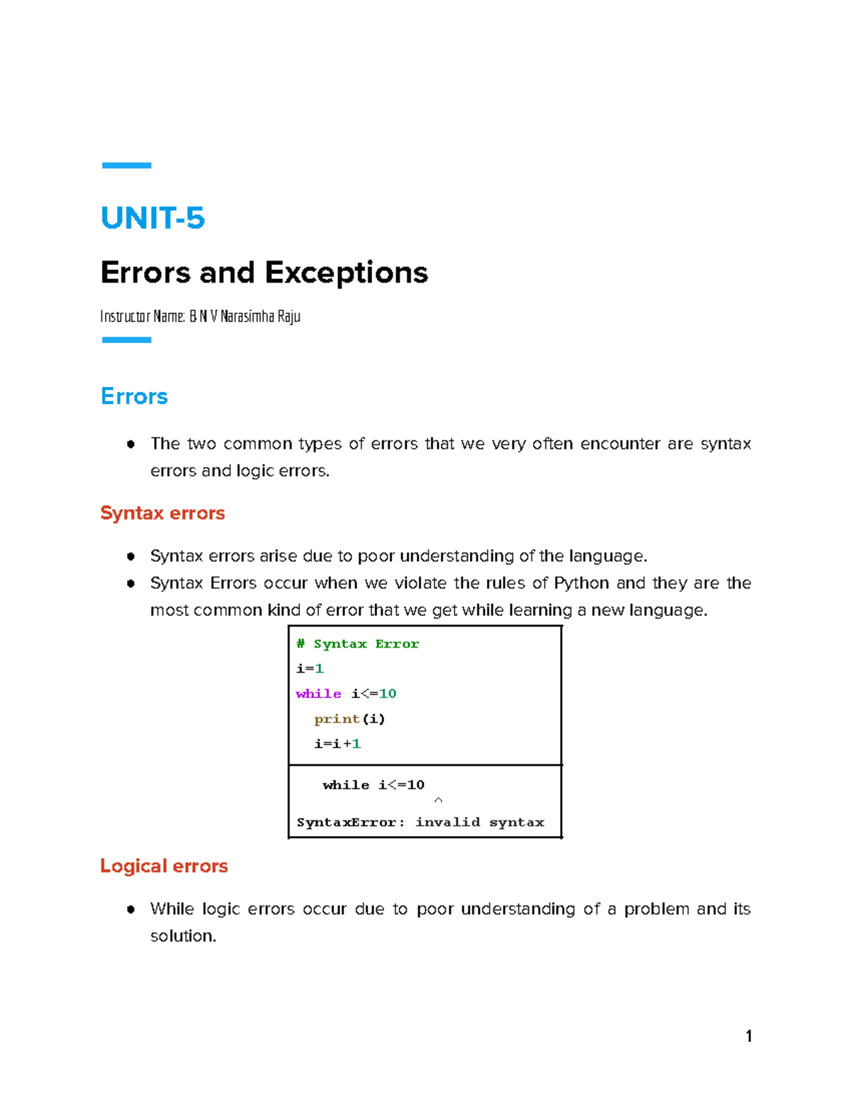 5.1 Errors and Exceptions - UNIT- Errors and Exceptions Instructor Name: B N V Narasimha Raju ...
