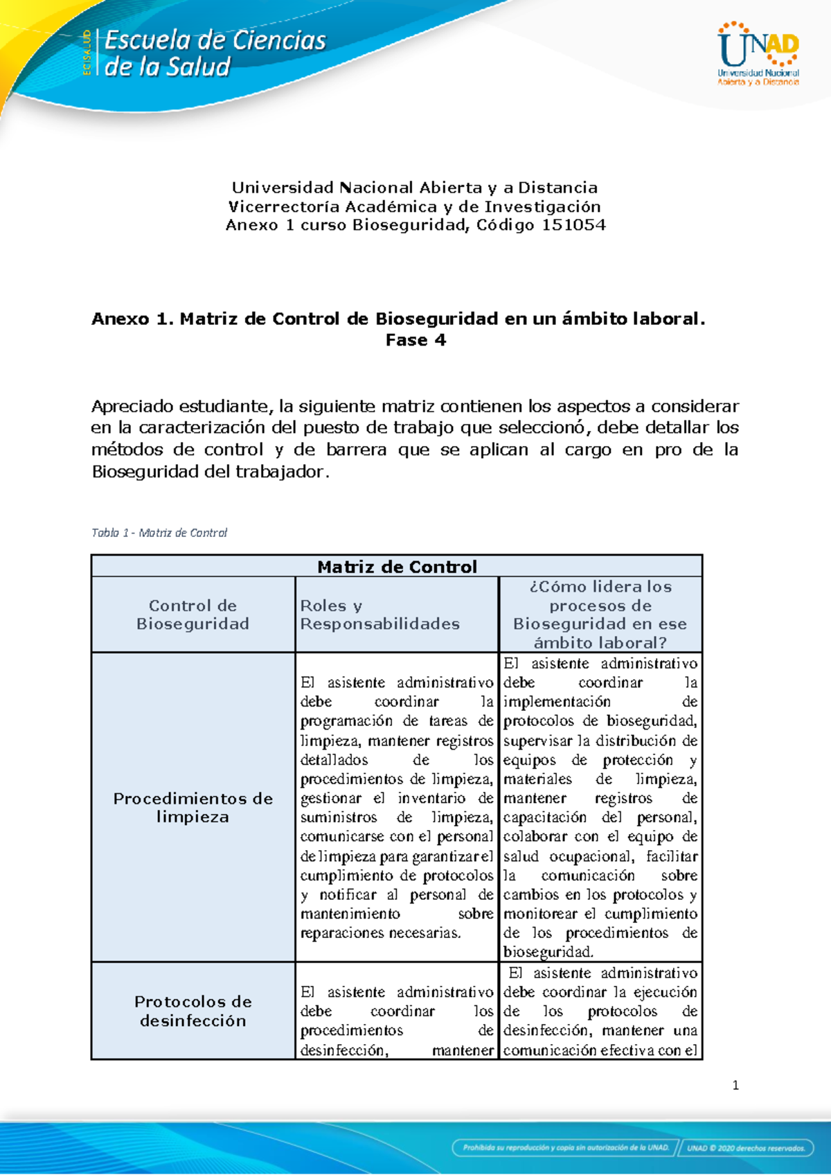 Anexo 1 - Matriz de Control de Bioseguridad en un ámbito laboral ...