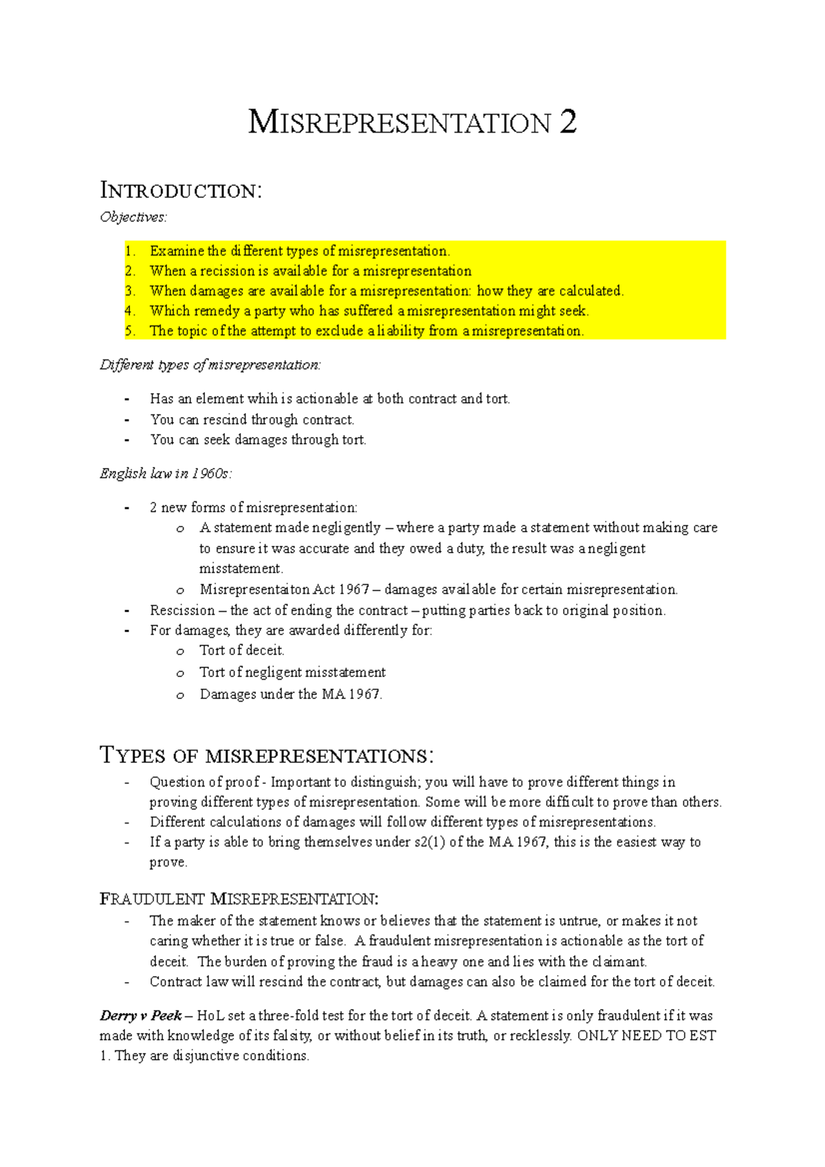 Misrepresentation 2 - MISREPRESENTATION 2 INTRODUCTION: Objectives ...