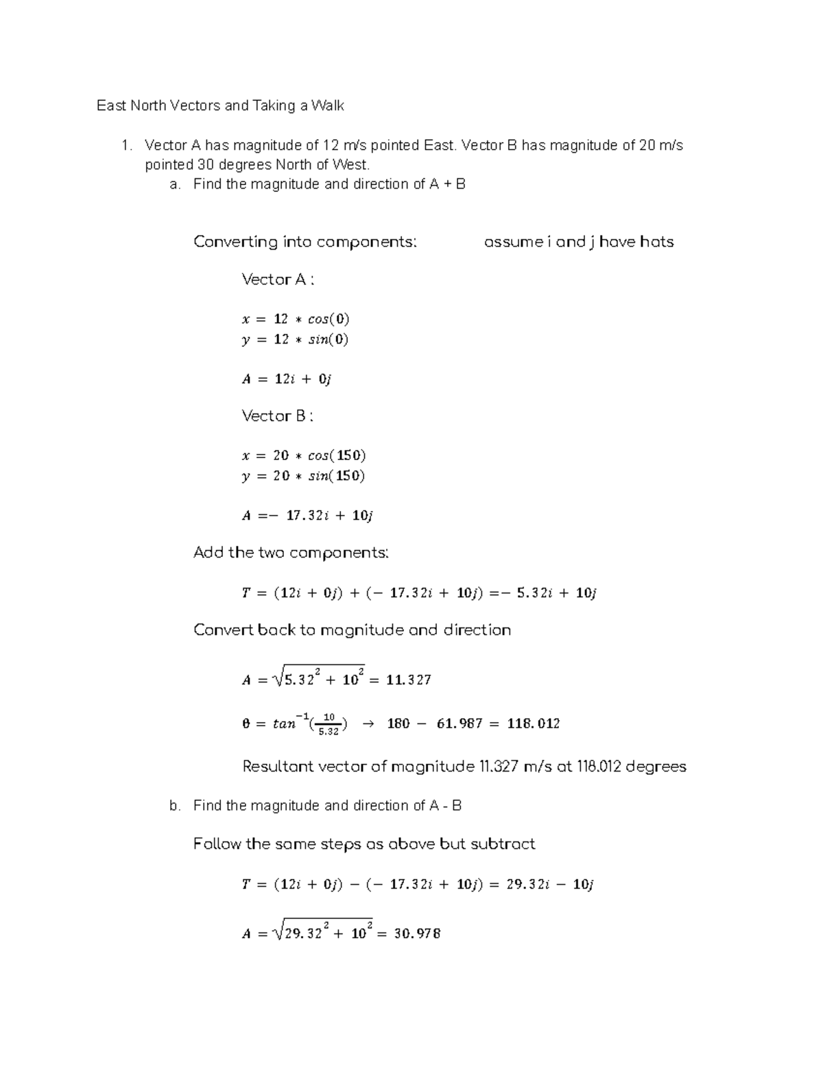 PHY 131 Problem Solving Book 4 - East North Vectors and Taking a Walk ...