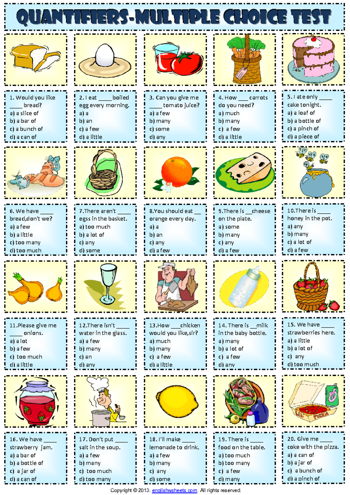 Quantity quantifiers multiple choice test worksheet - - Studocu