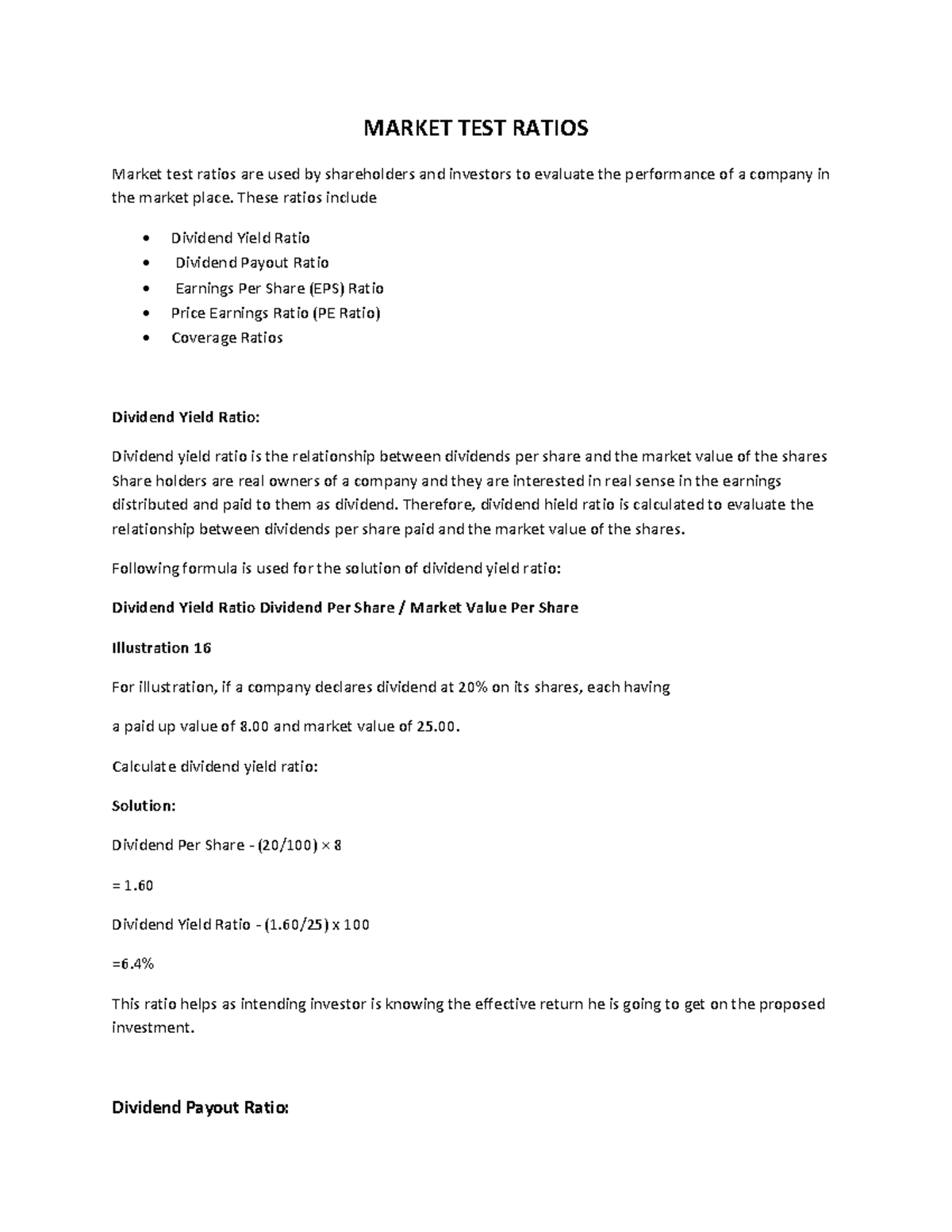Market TEST Ratios - MARKET TEST RATIOS Market test ratios are used by ...