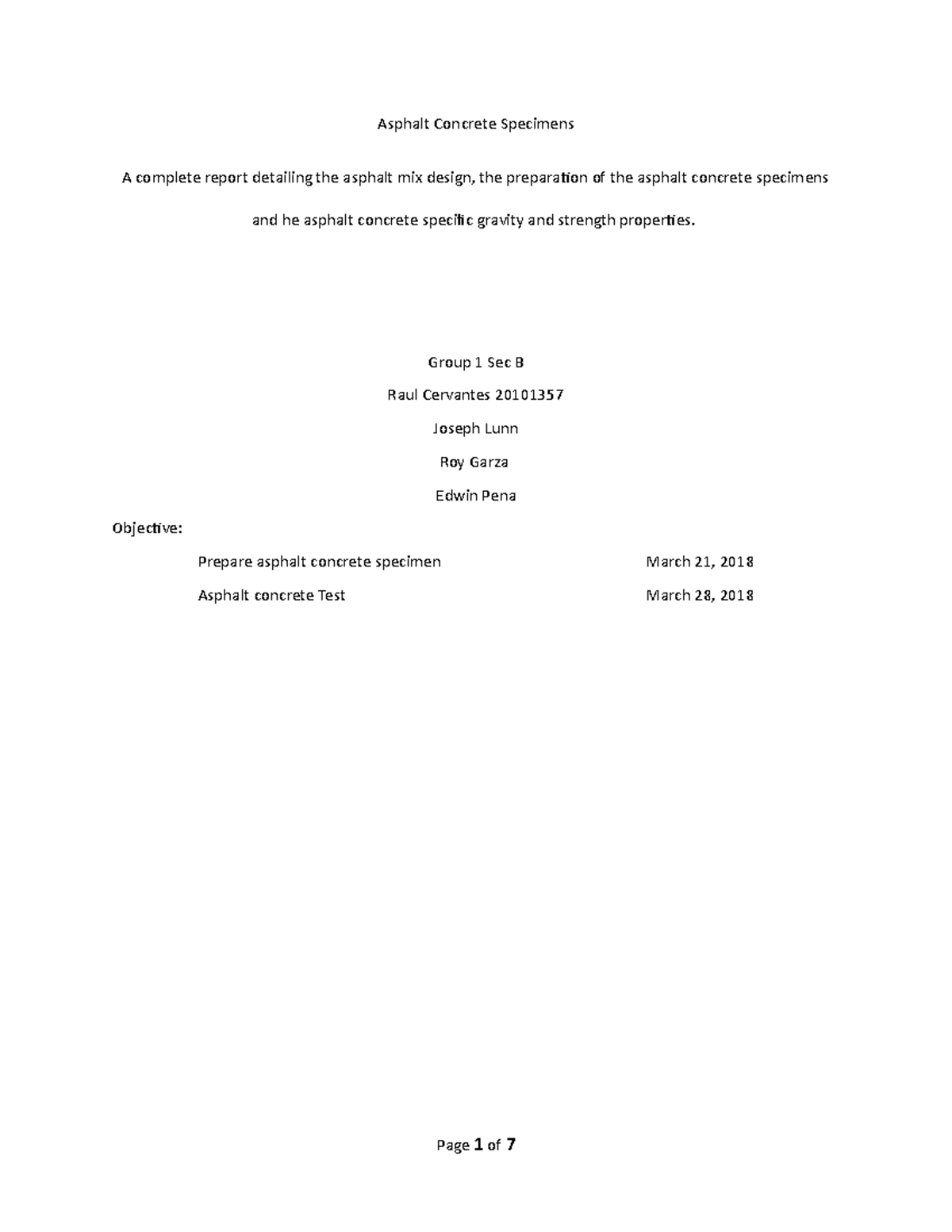 Lab 3 asphalt - Asphalt Concrete Specimens A complete report detailing ...