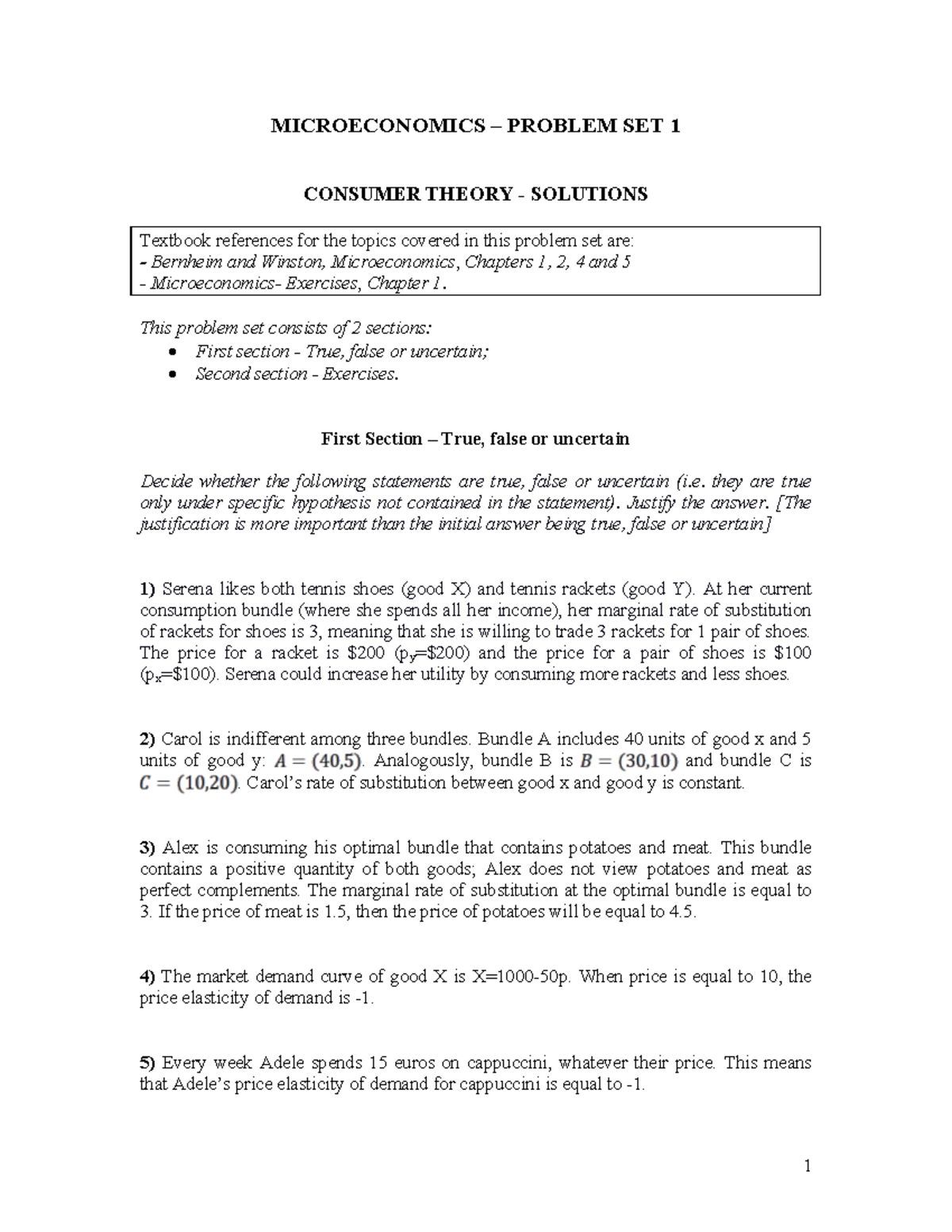 Micro consumer theory excercises - MICROECONOMICS – PROBLEM SET 1 ...