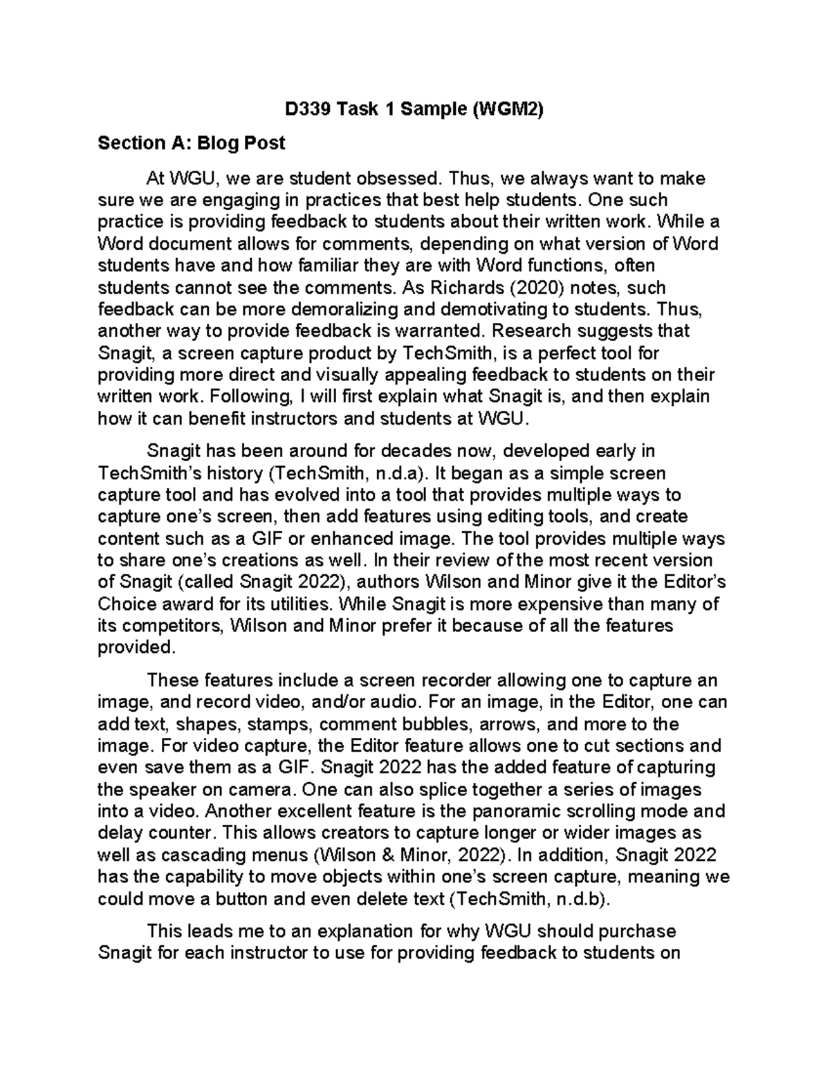 D339 Version 2 Task 1 Sample - D339 Task 1 Sample (WGM2) Section A ...