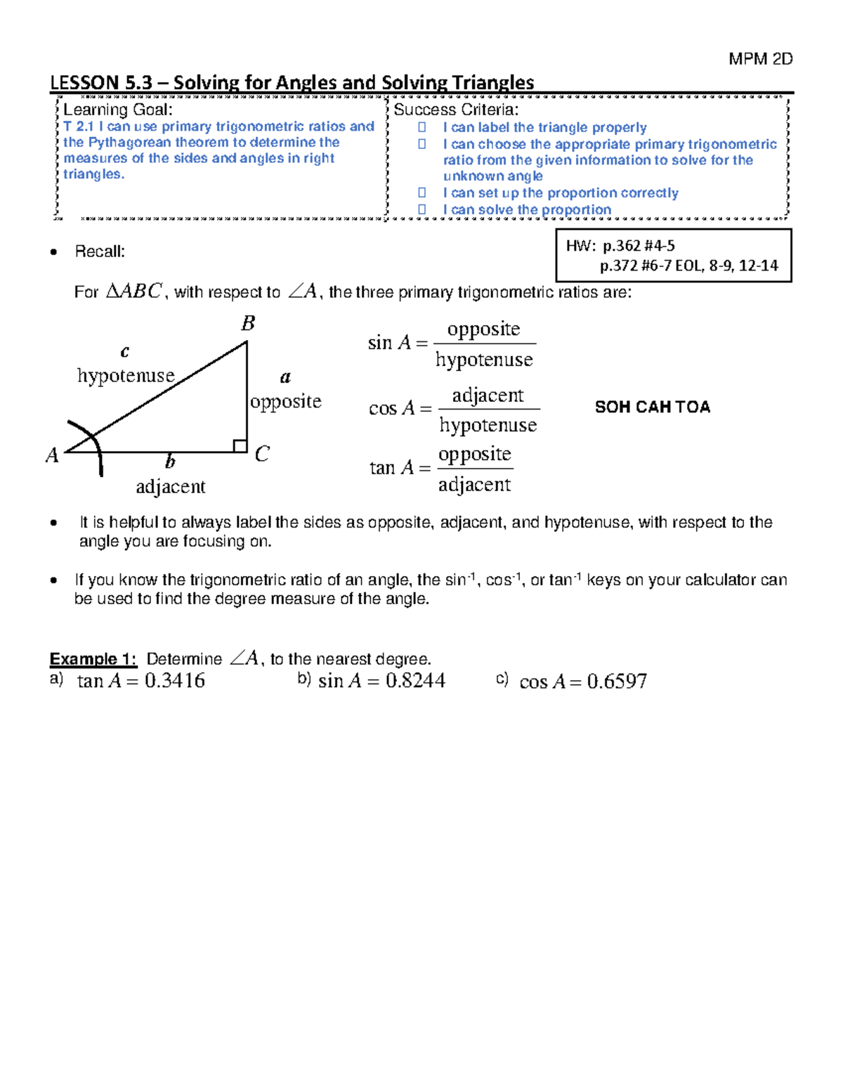 5.3 - Solving for Angles and Solving Triangles - MPM 2D LESSON 5 ...