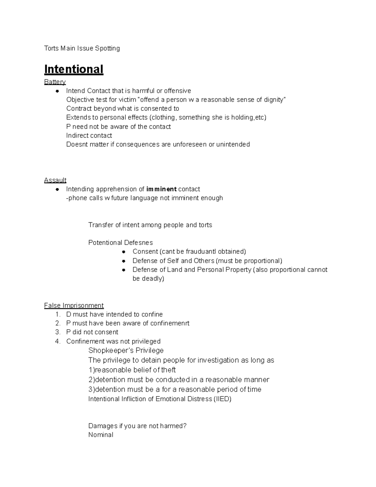 Torts Issue Spotting-2 - Torts Main Issue Spotting Intentional Battery ...