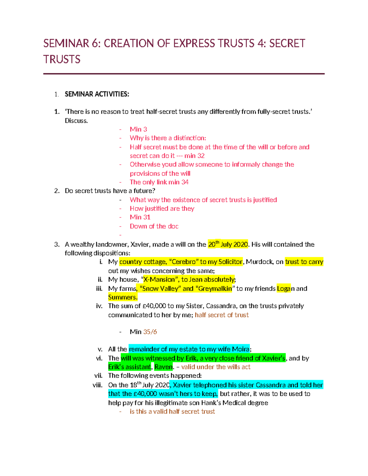 Sem 6- equity - SEMINAR 6: CREATION OF EXPRESS TRUSTS 4: SECRET TRUSTS 1. SEMINAR ACTIVITIES ...