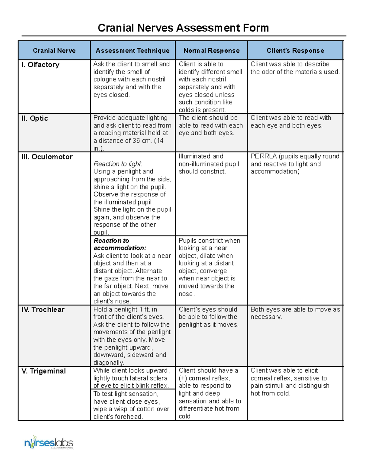 Cranial Nerves Form - Cranial Nerves Assessment Form Cranial Nerve ...