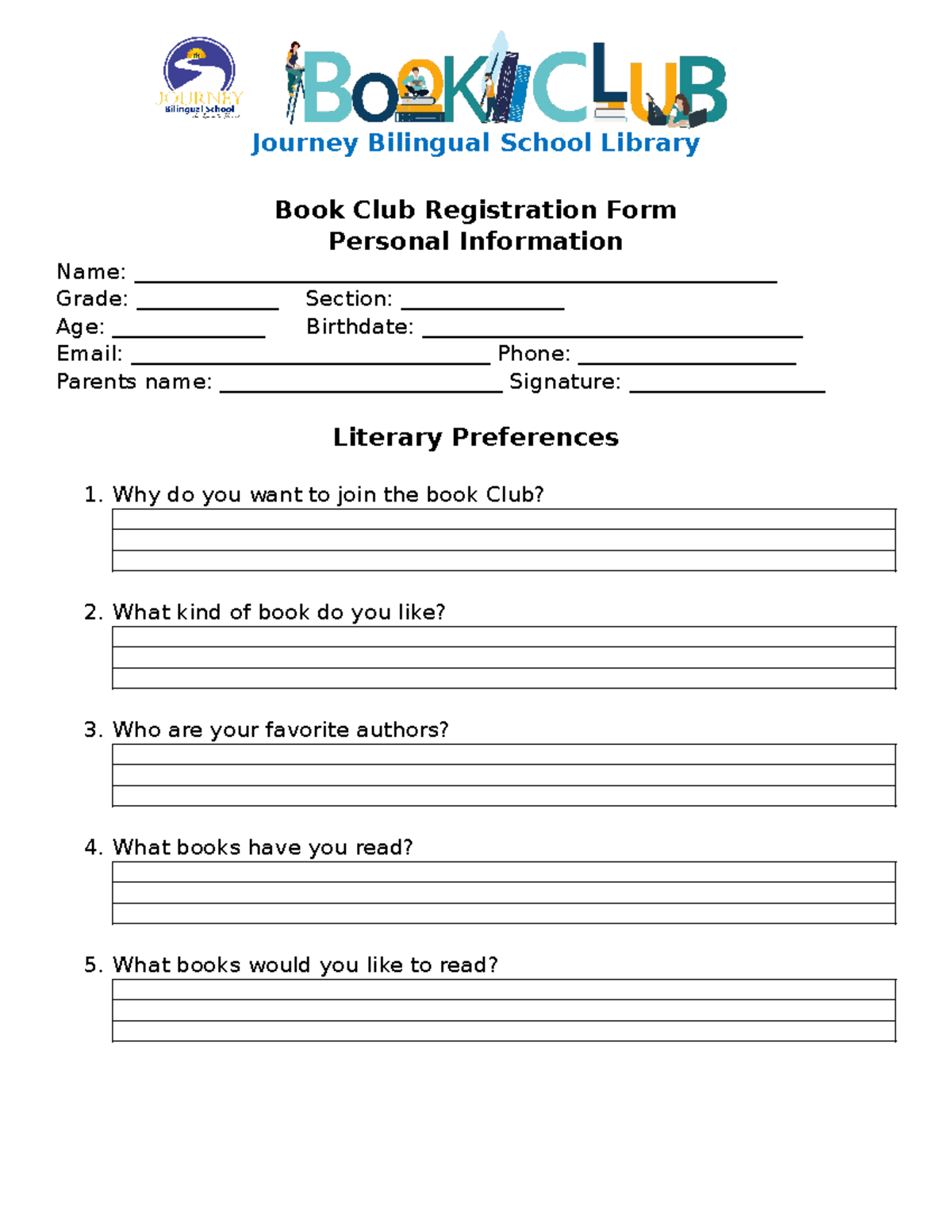 Book Club Form - Form for students to fill in to be part of the Book ...