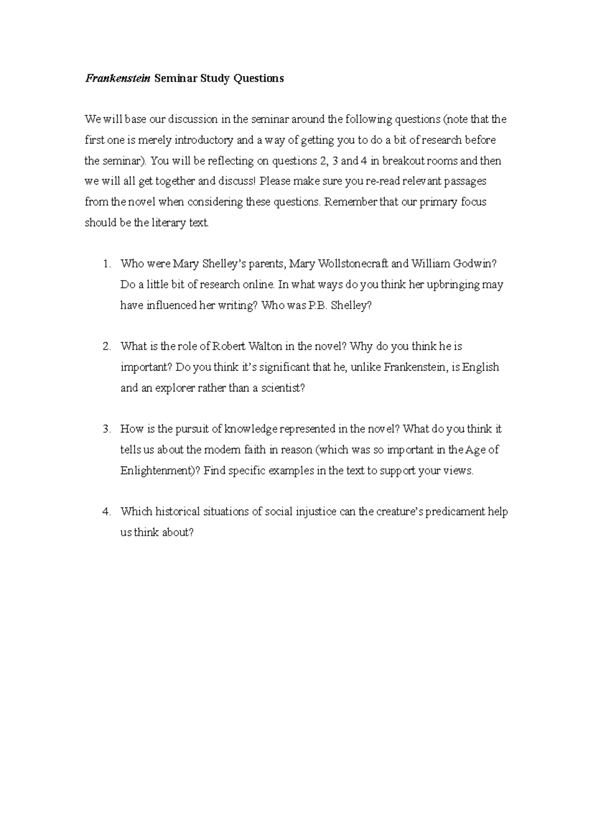 Frankenstein Seminar Study Questions - You will be reflecting on ...