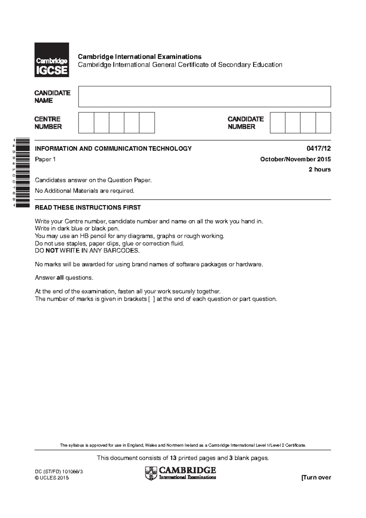 0417 w15 qp 12 - ICT 0417 Past Papers - This document consists of 13 ...