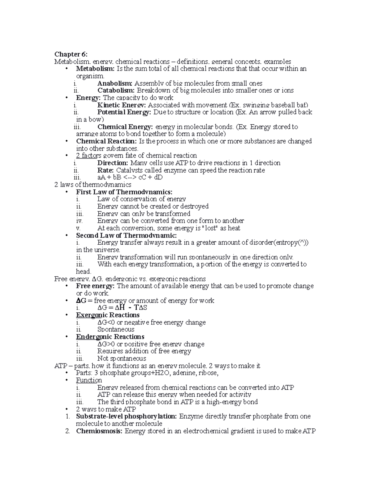 Bio CH 6 Review Outline - Lecture notes 6 - Chapter 6: Metabolism ...