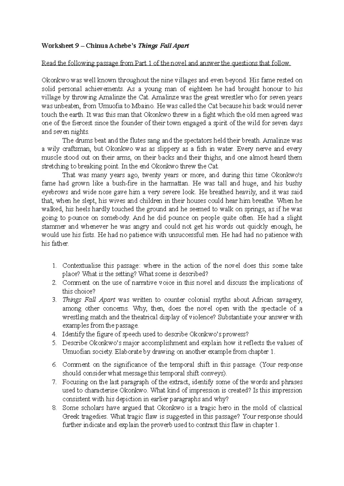 Worksheet 9 doc - Worksheet 9 – Chinua Achebe’s Things Fall Apart Read ...