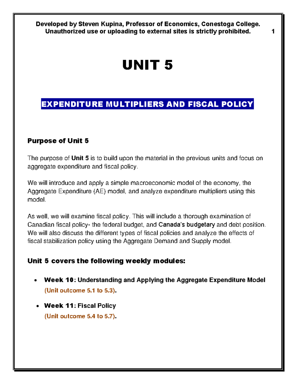 UNIT 5 Teaching Notes ECON1030 Macro Faculty 1 - UNIT 5 EXPENDITURE ...